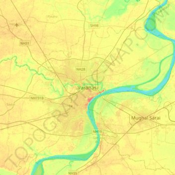 Varanasi topographic map, elevation, terrain