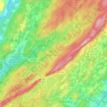 Stokes State Forest topographic map, elevation, terrain